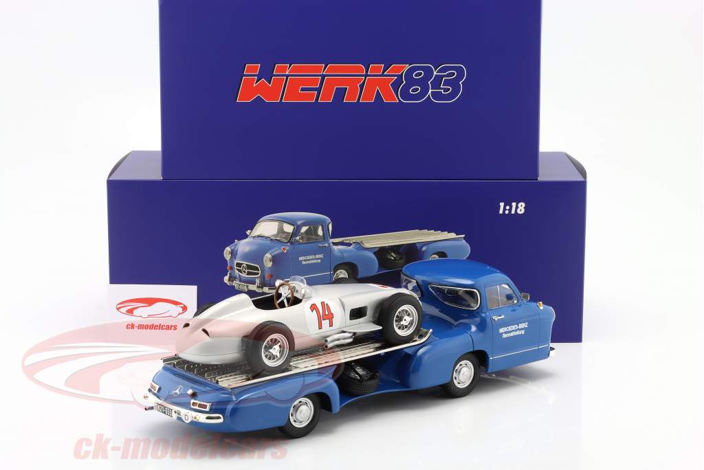 WERK83 1:18 Set: Mercedes-Benz racing transporter blue Wonder with ...
