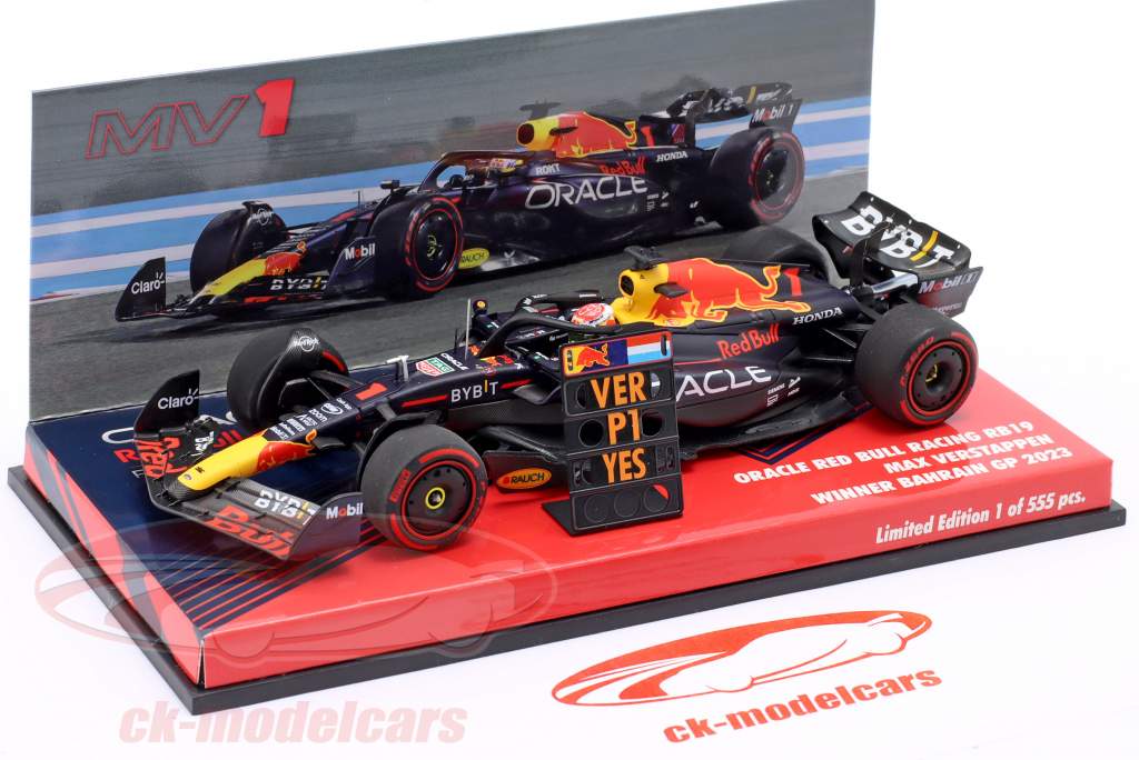 Minichamps 1:43 Max Verstappen Red Bull RB19 #1 winnaar Bahrain GP formule 1 Wereldkampioen 2023 ...