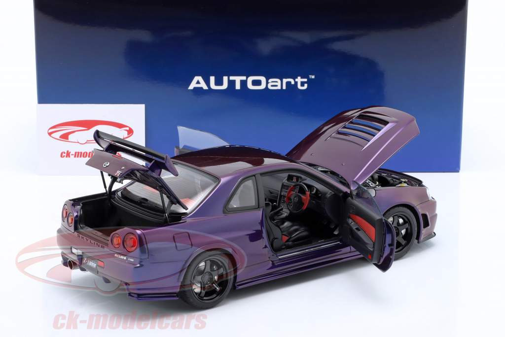 AUTOart 1:18 Nissan Skyline GT-R (R34) Nismo Z-tune 2005 púrpura metálico 77464 modelo coche ...
