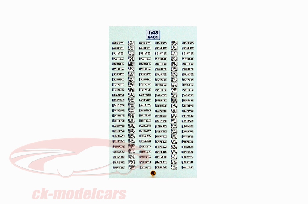 1:43 License plate for Model Cars in the Scale No. 6401 6401 model car 6401