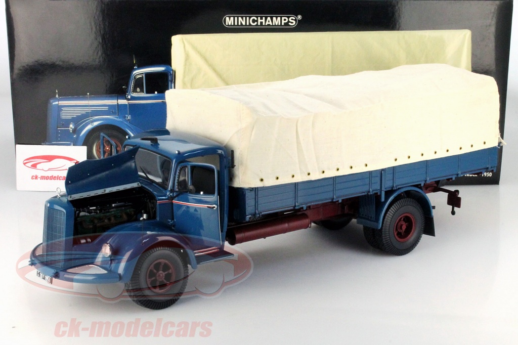 Minichamps 1:18 Mercedes-Benz L 6600 Lærred Lastbil Trailer Sæt År 1950 blå 109031020 model bil ...