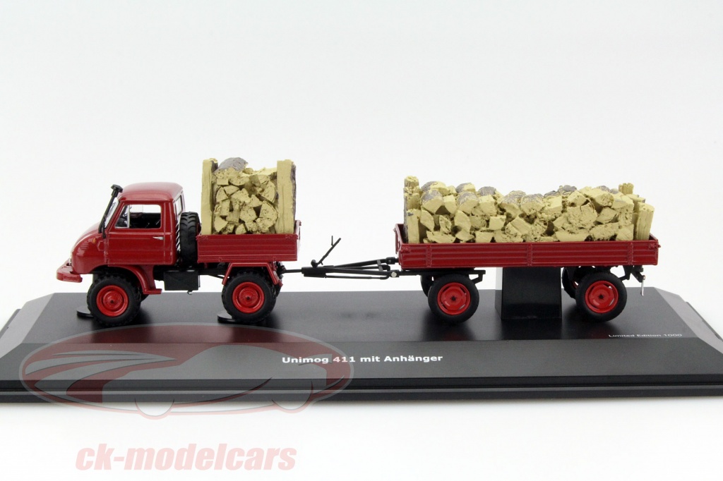 Schuco 1:43 Unimog U411 With Wood trailer red 450312900 model car ...