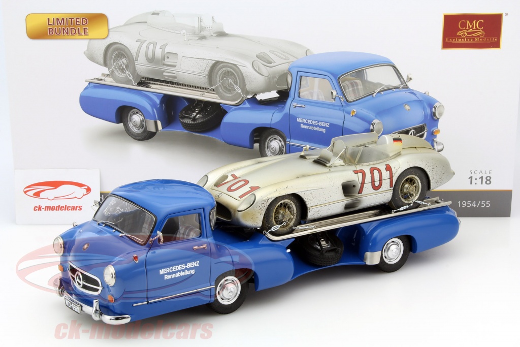 CMC 1:18 Mercedes-Benz racing transporter set blue wonder with MB 300 SLR #701 Dirty Hero M-163 ...