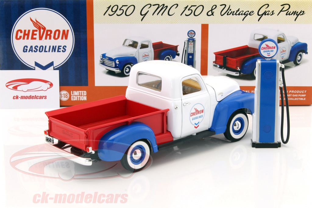 Greenlight 1:18 GMC 150 Chevron with gas pump year 1950 white / blue ...