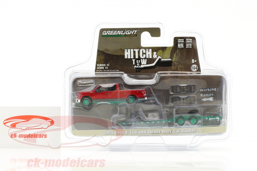 Greenlight 1:64 Ford F-150 With Heavy Car Trailers red metallic / green ...