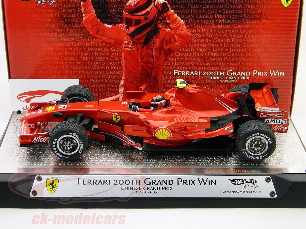 HotWheels 1:18 K. Raikkonen Ferrari F1 2007 Chinese GP 200th GP Win Ferrari Hot Wheels L8782 ...