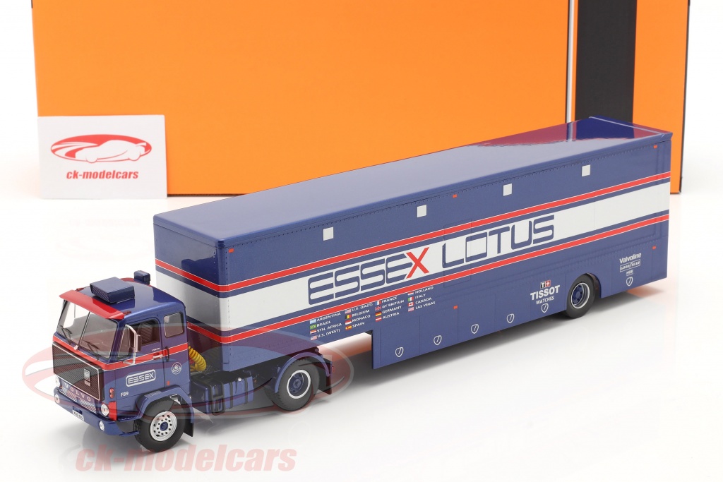 Ixo 1:43 Volvo F89 Race Car Transporter Essex Lotus blu / argento ...