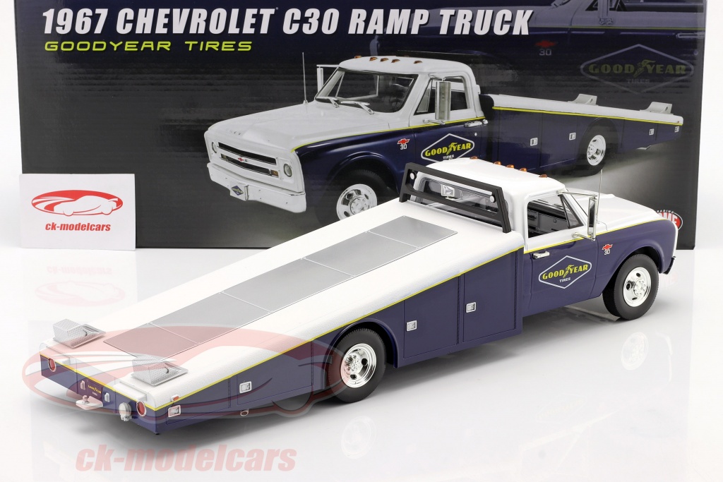 GMP 1:18 Chevrolet C-30 Ramp Truck Goodyear 1967 蓝色 / 白色的 A1801706 模型 ...