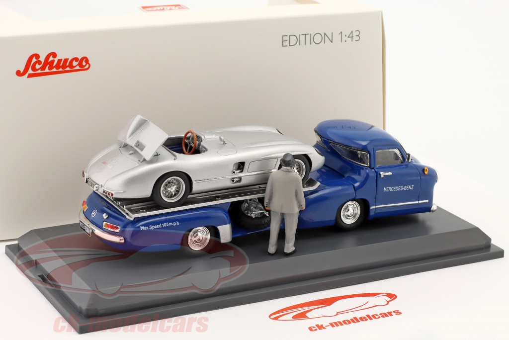 Schuco 1:43 Mercedes-Benz Race car Transporter blauw Wonder met 300 SLR ...
