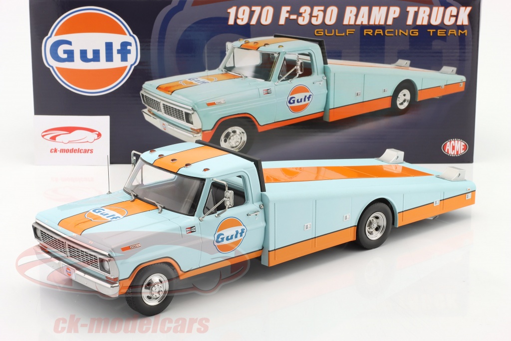 GMP 1:18 Ford F-350 Ramp Truck Gulf Racing Team 建設年 1970 ライトブルー / オレンジ ...