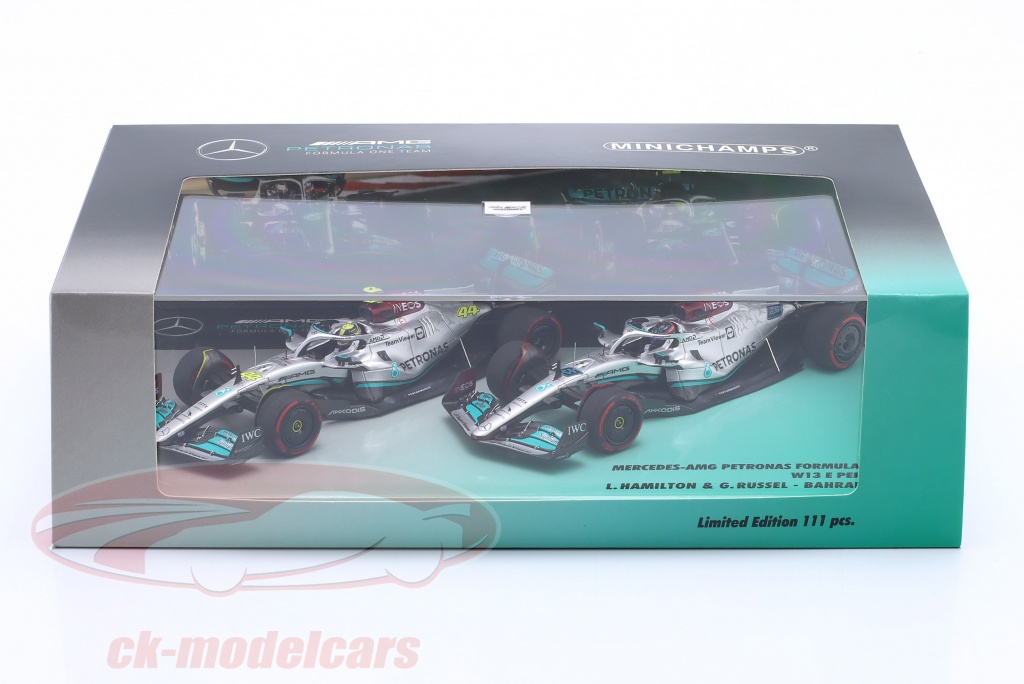 Minichamps 1:43 2-Car Set Hamilton #44 & Russell #63 Bahrain GP Formula ...