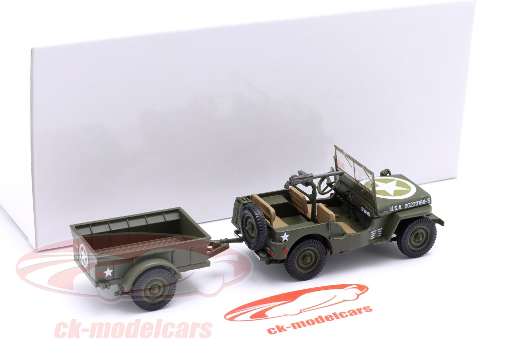 Ixo 1:43 Jeep Willys MB US Army med Anhænger mørk oliven AEMVE212A ...