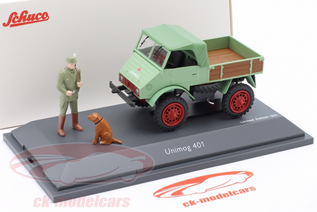 Schuco 1:43 Mercedes-Benz Unimog 401 green with hunter and dog ...