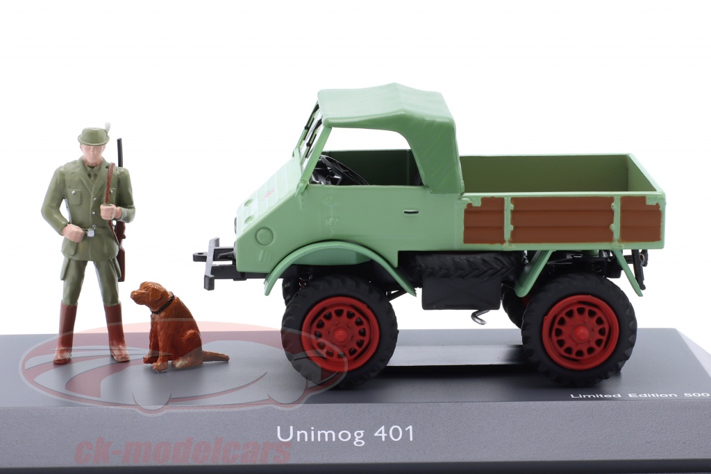 Schuco 1:43 Mercedes-Benz Unimog 401 green with hunter and dog ...