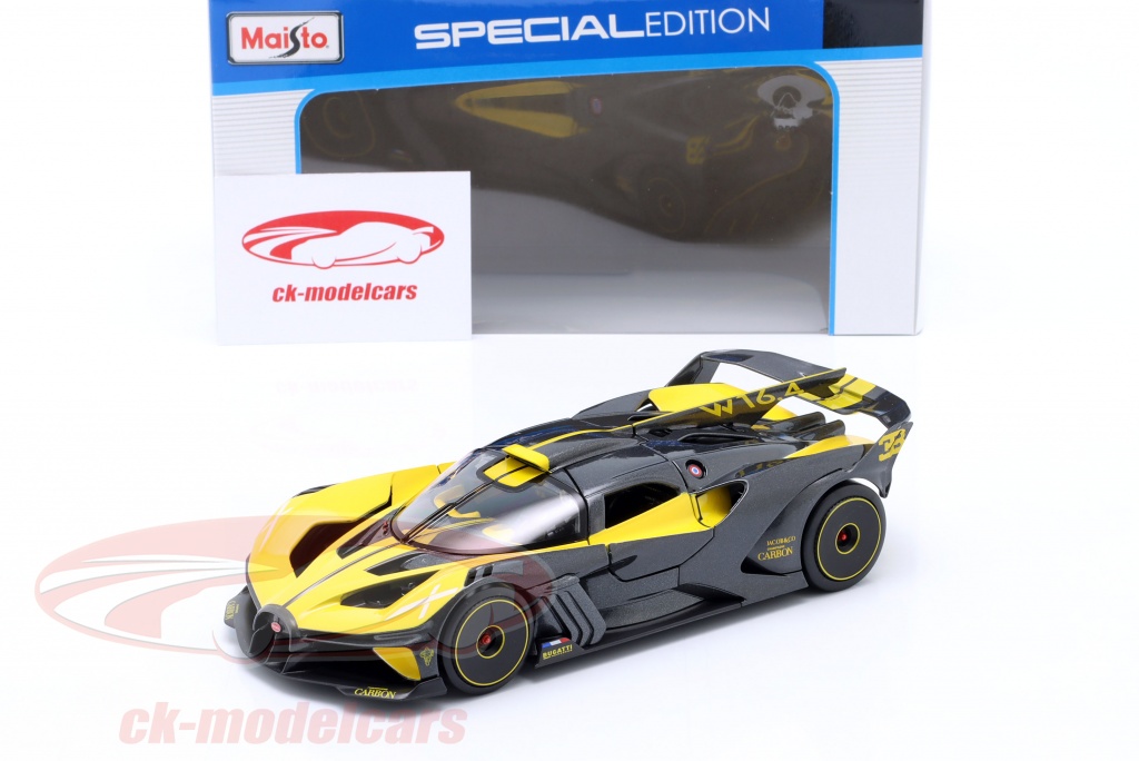 Maisto 1:24 Bugatti Bolide W16.4 year 2020 yellow / carbon 32911Y model ...