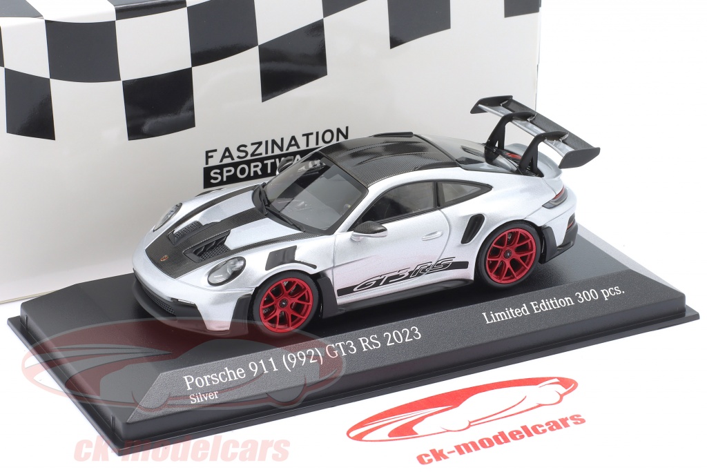 Minichamps 1:43 Porsche 911 (992) GT3 RS Weissach package 2023 silver / red rims 413062114 model ...