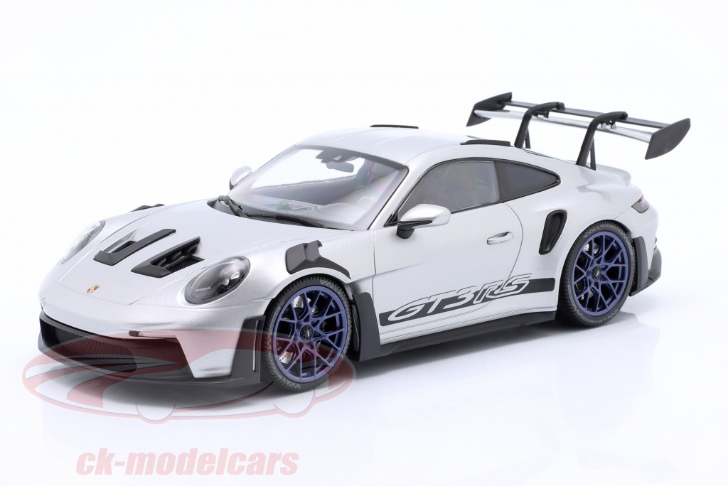 Minichamps 1:18 Porsche 911 (992) GT3 RS year 2023 silver / blue rims 153062242 model car ...