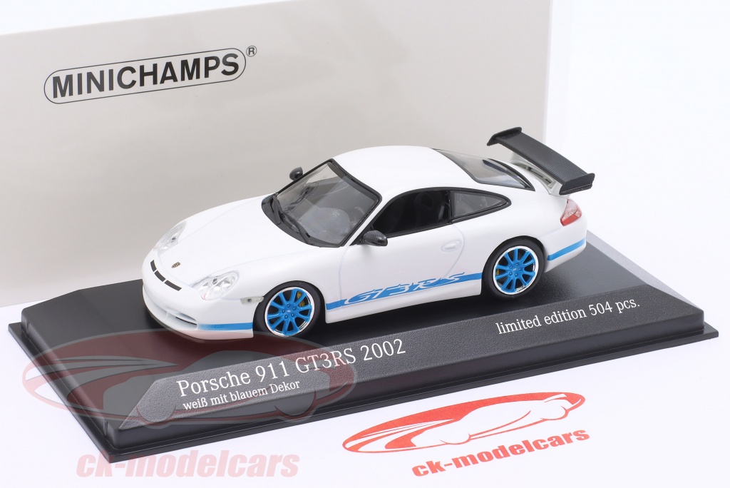 Minichamps 1:43 Porsche 911 (996) GT3 RS year 2002 white / blueness rims 403062029 model car ...