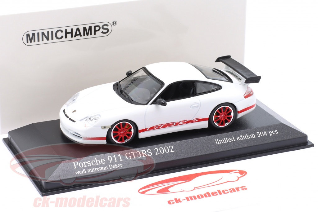 Minichamps 1:43 Porsche 911 (996) GT3 RS Baujahr 2002 weiß / rote Felgen 403062028 Modellauto ...