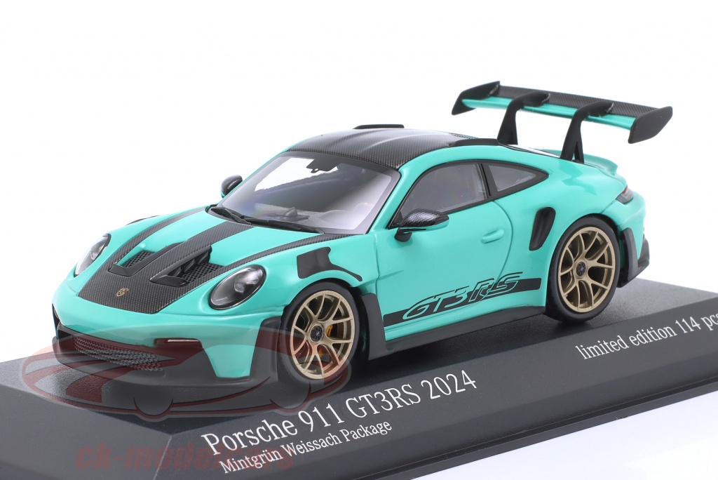Minichamps 1:43 Porsche 911 (992) GT3 RS Weissach 包裹 2024 薄荷绿 / 金色的 轮圈 413062120 模型 汽车 413062120 ...