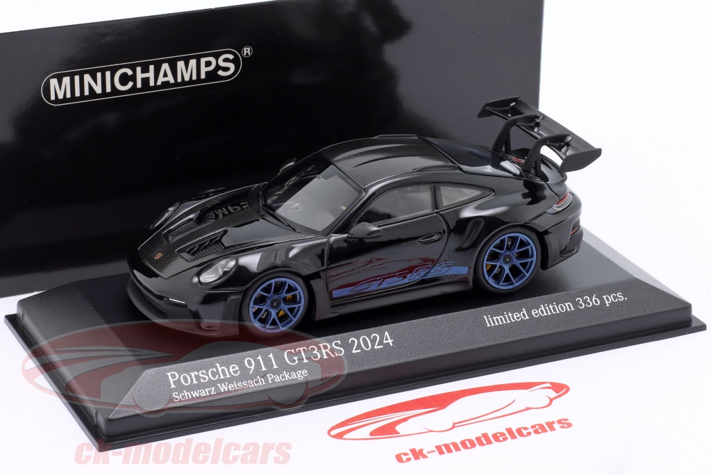 Minichamps 1:43 Porsche 911 (992) GT3 RS Weissach Paket 2024 schwarz / blaue Felgen 413062122 ...