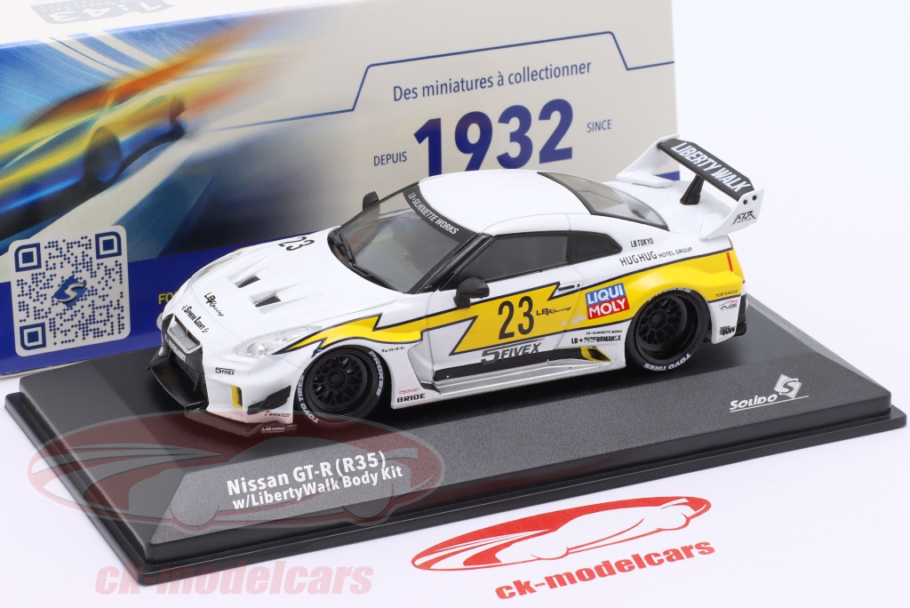 Solido 1:43 Nissan GT-R (R35) Liberty Walk Body Kit 2019 #23 weiß / gelb S4311208 Modellauto ...