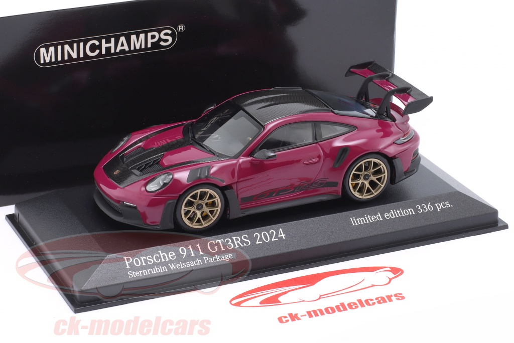 Minichamps 1:43 Porsche 911 (992) GT3 RS Weissach-Paket 2024 sternrubin / goldene Felgen ...