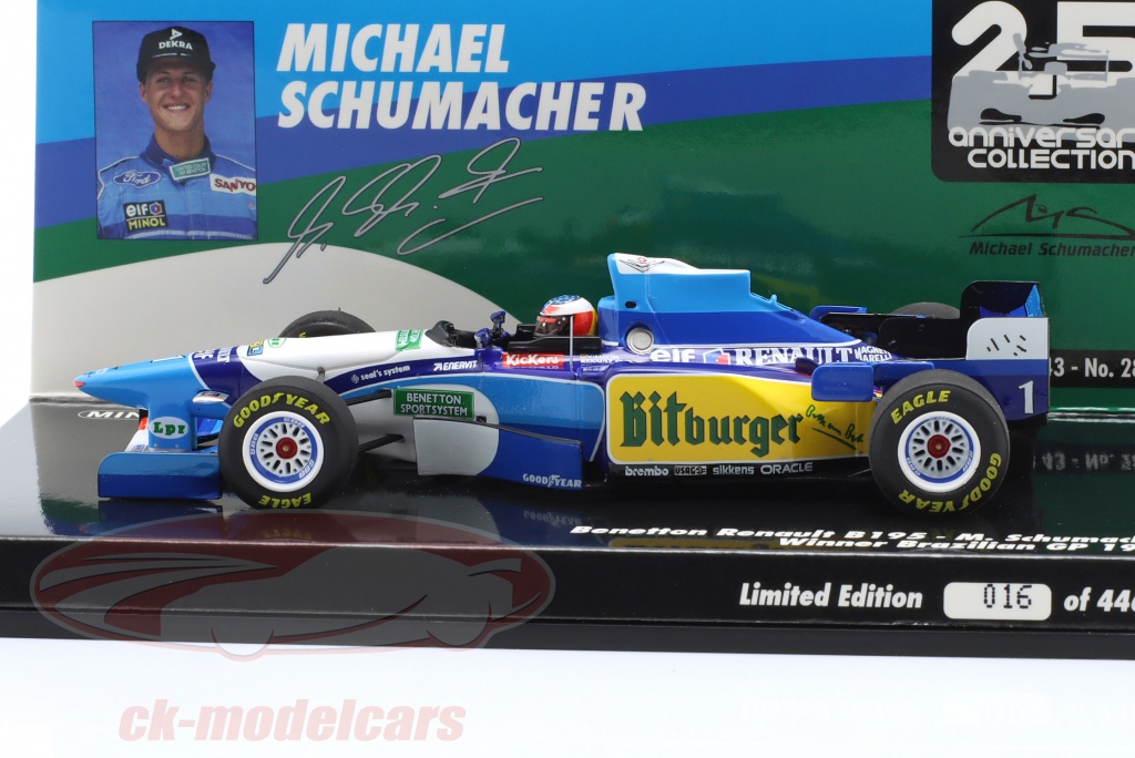 Minichamps 1:43 M. Schumacher Benetton B195 #1 Sieger Brasilien GP Formel 1 Weltmeister 1995 ...