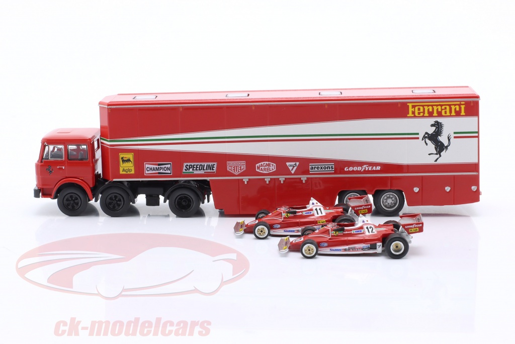 Brekina 1:87 Fiat 691 T Renntransporter mit 2x Ferrari 312T2 Formel 1 1977 58575 Modellauto ...