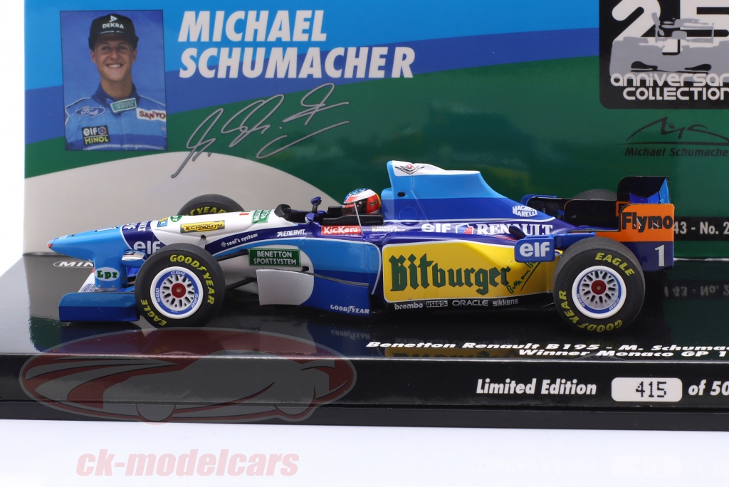 Minichamps 1:43 M. Schumacher Benetton B195 #1 Winner Monaco GP Formula 1 World Champion 1995 ...