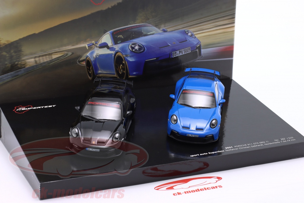 Minichamps 1:43 2-Car Set Porsche 911 (992) GT3 建造年份 2021 蓝色的 / 黑色的 412069200 模型 汽车 412069200 ...