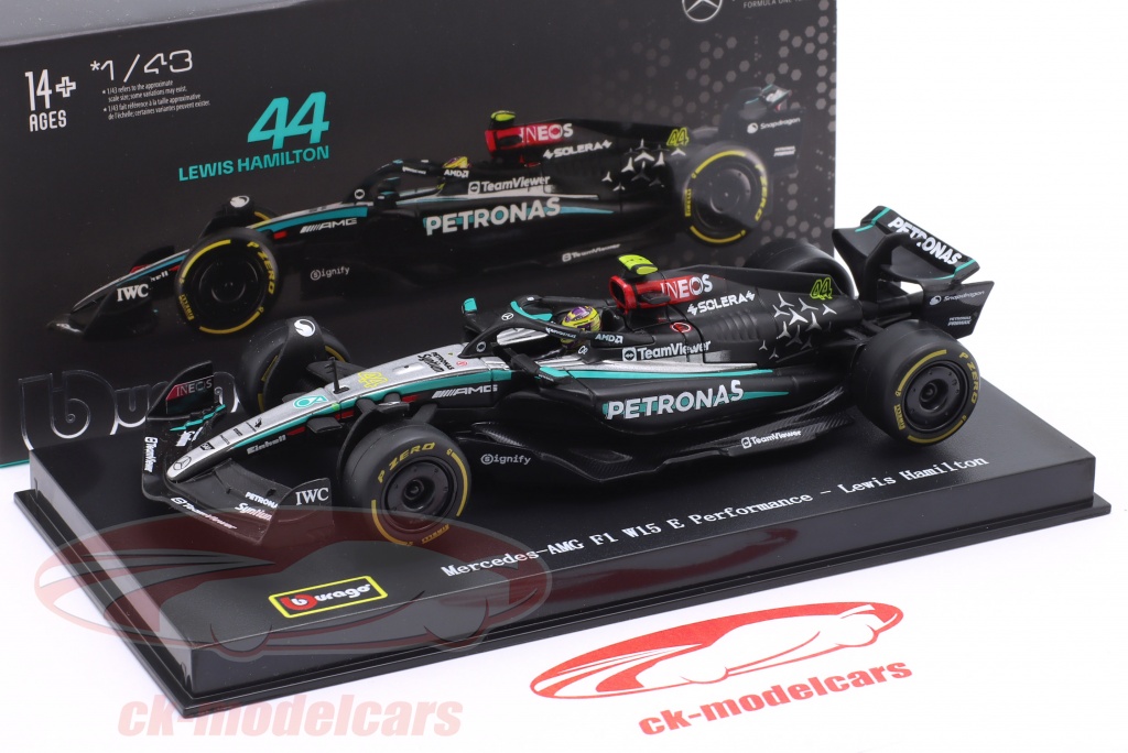 Bburago 1:43 Lewis Hamilton Mercedes-AMG F1 W15 E #44 winnaar Brits GP formule 1 2024 18-38209 ...