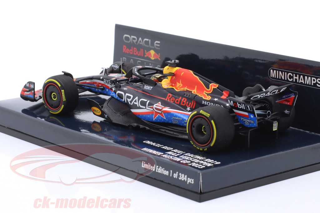 Minichamps 1:43 Max Verstappen Red Bull RB19 #1 gagnant USA GP formule 1 champion du monde 2023 ...