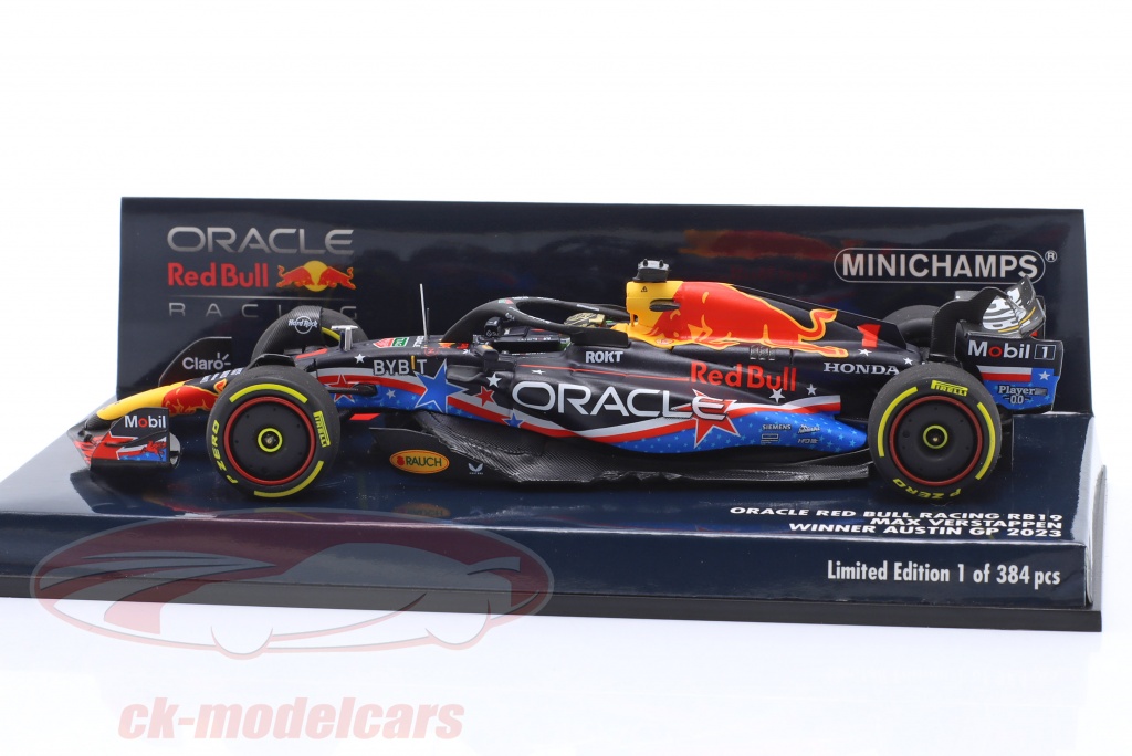 Minichamps 1:43 Max Verstappen Red Bull RB19 #1 gagnant USA GP formule 1 champion du monde 2023 ...