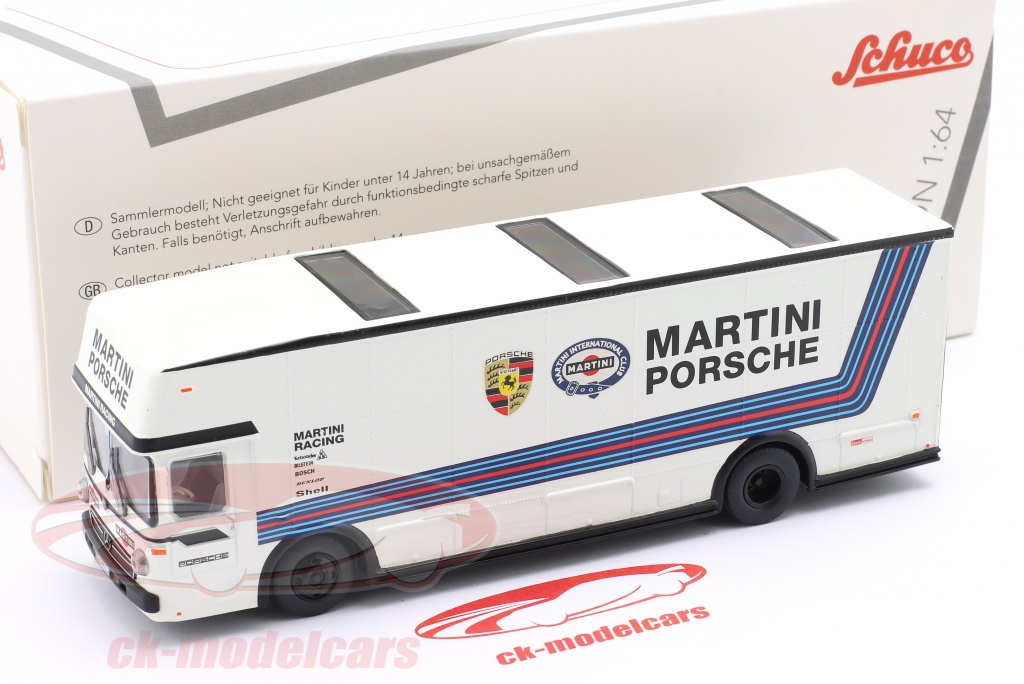 Schuco 1:64 Mercedes-Benz O 317 Race car transporter Porsche Martini Racing white 452038000 ...