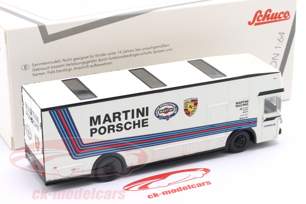Schuco 1:64 Mercedes-Benz O 317 Race car transporter Porsche Martini Racing white 452038000 ...