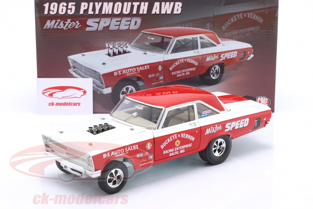 GMP 1:18 Plymouth AWB Mister Speed year 1965 red / white A1806511 model ...