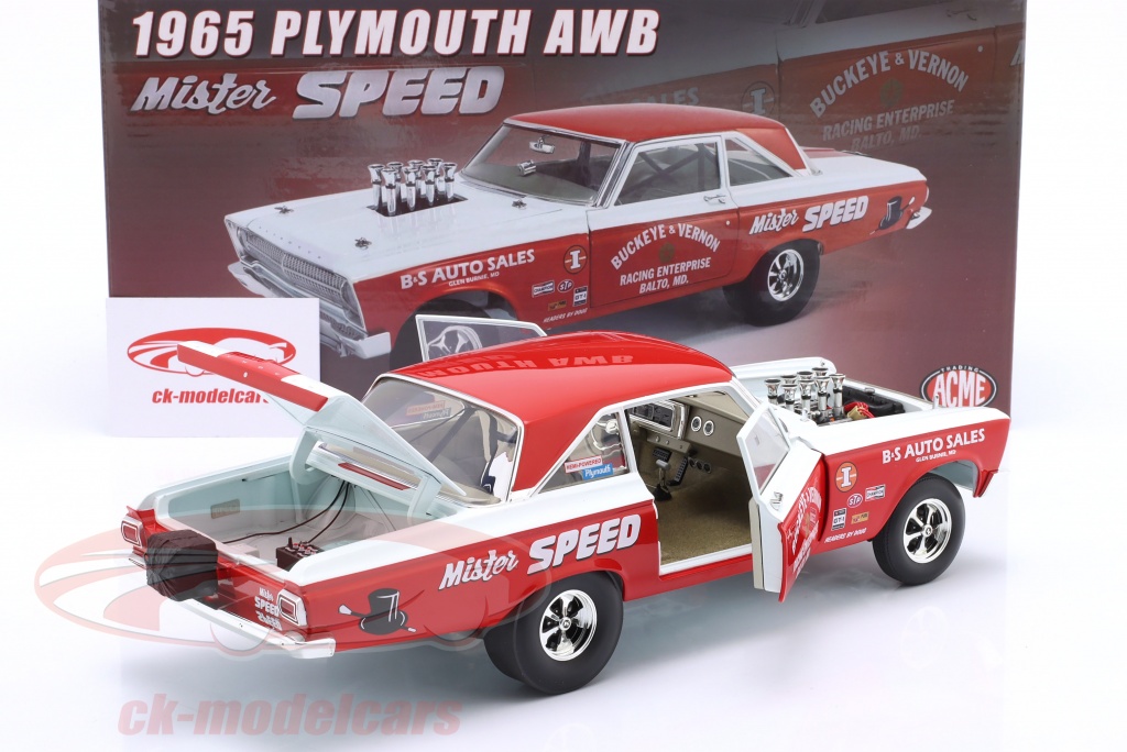 GMP 1:18 Plymouth AWB Mister Speed year 1965 red / white A1806511 model ...