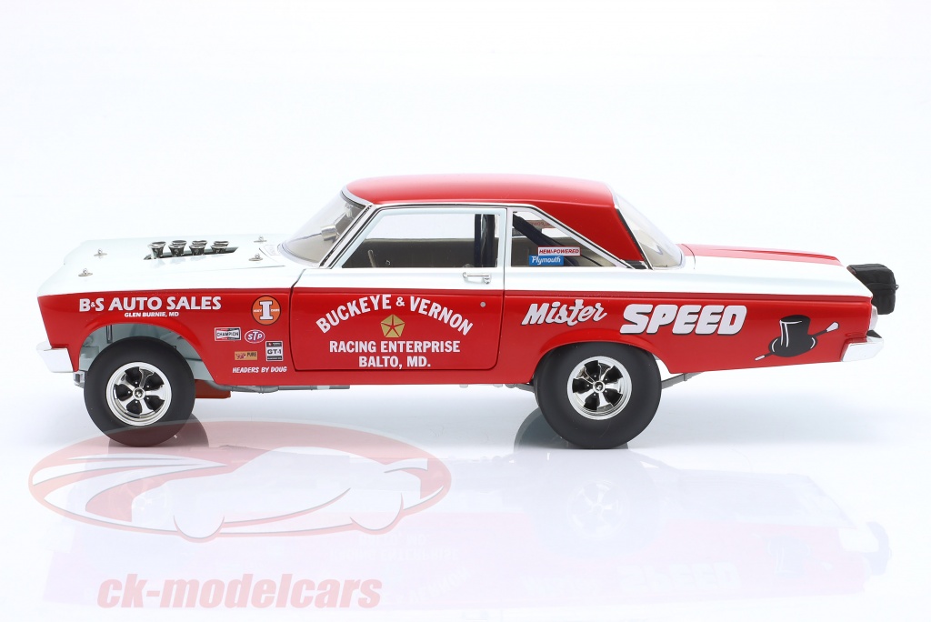 GMP 1:18 Plymouth AWB Mister Speed year 1965 red / white A1806511 model ...