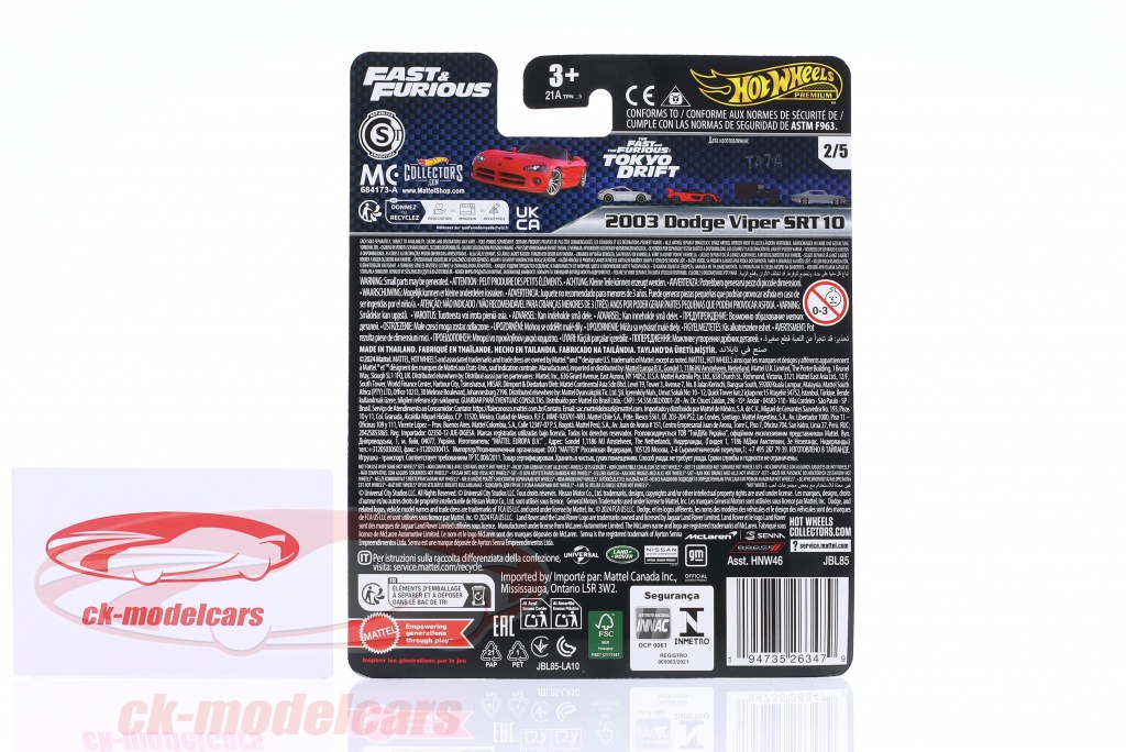 HotWheels 1:64 Dodge Viper SRT10 year 2003 (Fast & Furious) red JBL85 ...