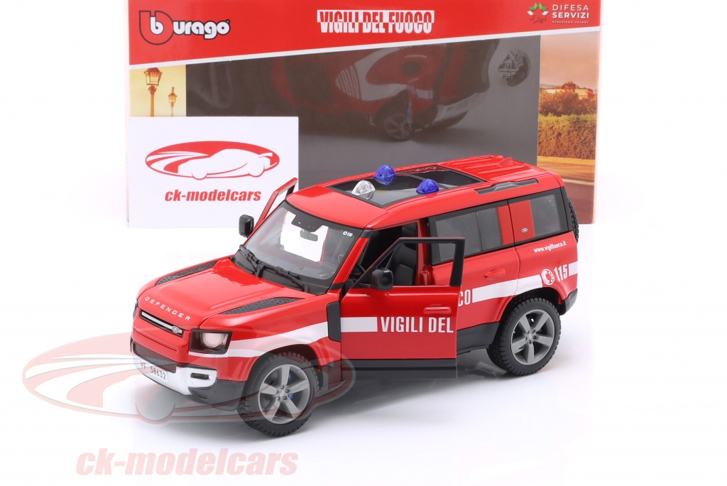 Bburago 1:24 Land Rover Defender 110 Vigili del fuoco Italia 2022 rosso ...