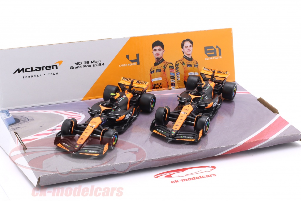 Bburago 1:43 2-Car Set Norris #4 & Piastri #81 McLaren MCL38 Miami GP formula 1 2024 18-38202 ...