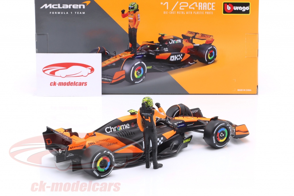 Bburago 1:24 L. Norris McLaren MCL38 #4 Sieger Miami GP Formel 1 2024 mit Figur 18-28040 #4 ...