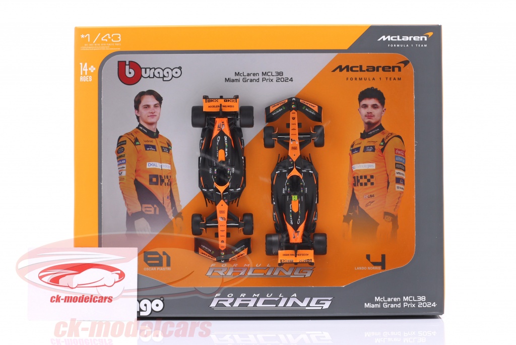 Bburago 1:43 2-Car Set Norris #4 & Piastri #81 McLaren MCL38 Miami GP Formel 1 2024 18-38109 ...