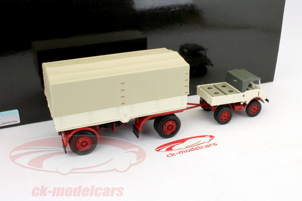 Minichamps 1:43 Mercedes-Benz Unimog 401 avec remorque à plateau blanc ...