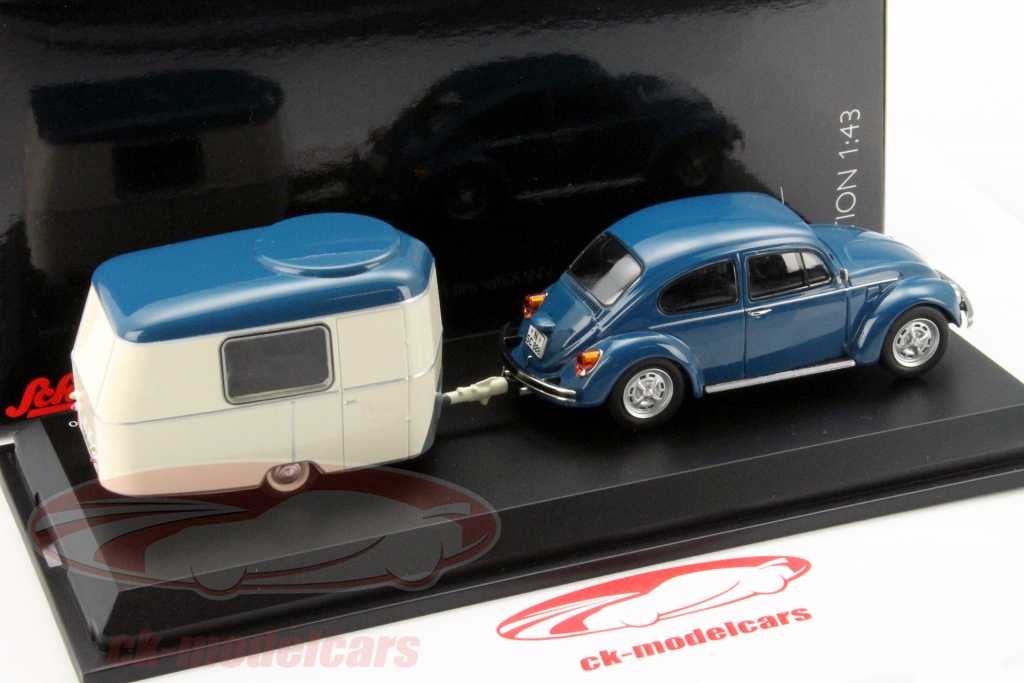 Schuco 1:43 Volkswagen VW 1200 Beetle with Hymer Eriba Puck Trailer blue 450387400 model car ...