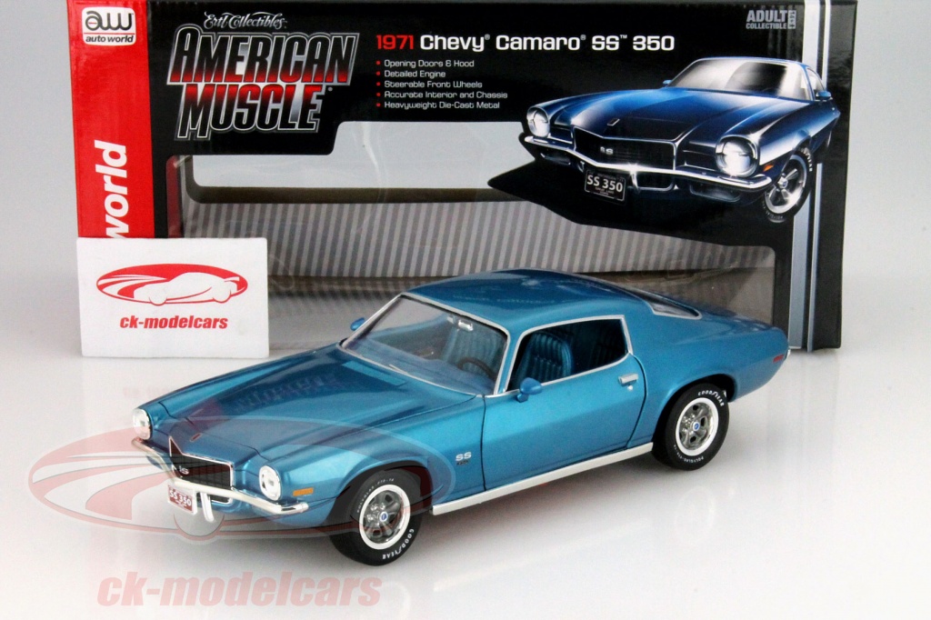 AutoWorld 1:18 Chevrolet Camaro SS 350 year 1971 blue metallic AMM982 ...