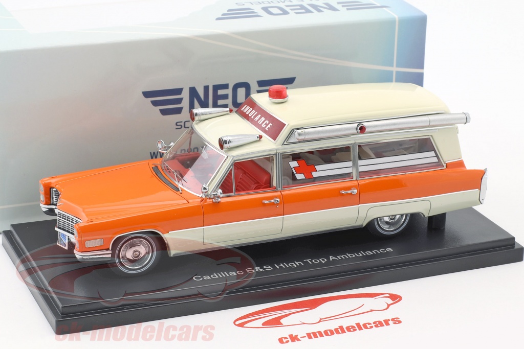Neo 1:43 Cadillac High Top Ambulance orange / white 49539 model car ...