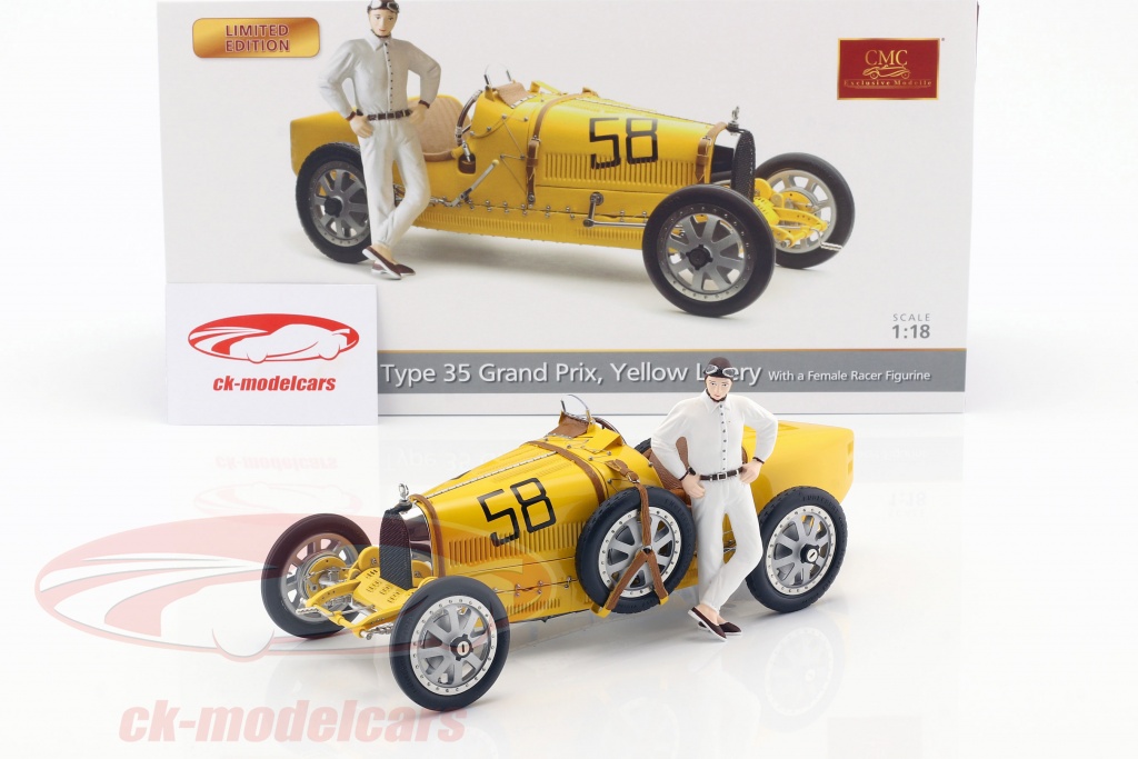 CMC 1:18 Bugatti Typ 35 Grand Prix #58 gelb mit Frauen-Fahrerfigur M ...
