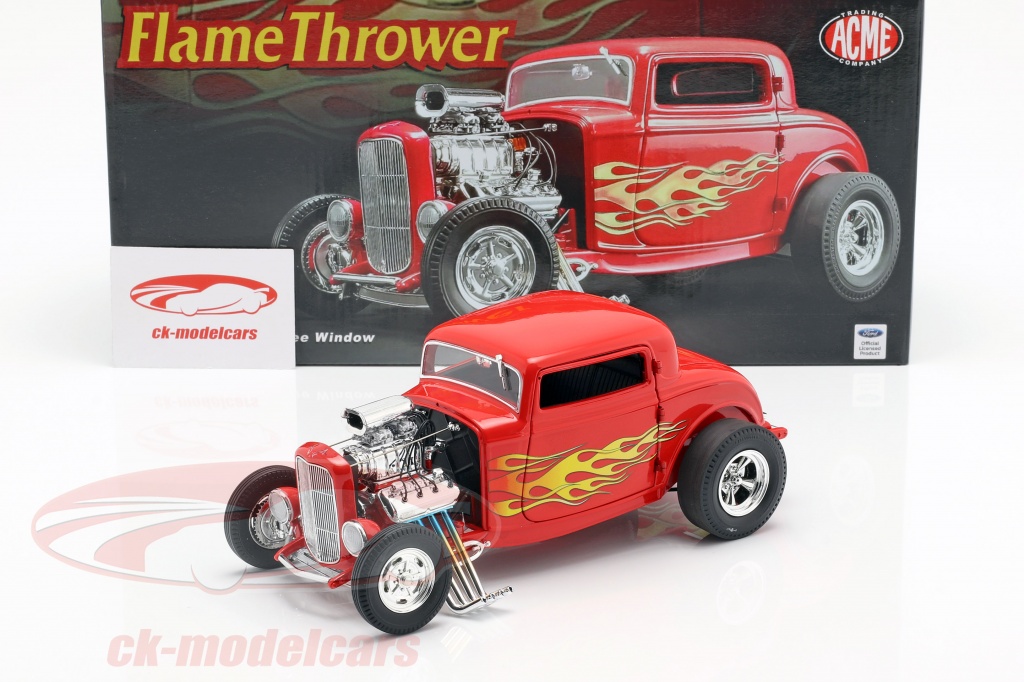 GMP 1:18 Blown Ford Three Window Flamethrower Hot Rod 1932 rød 1805016 ...